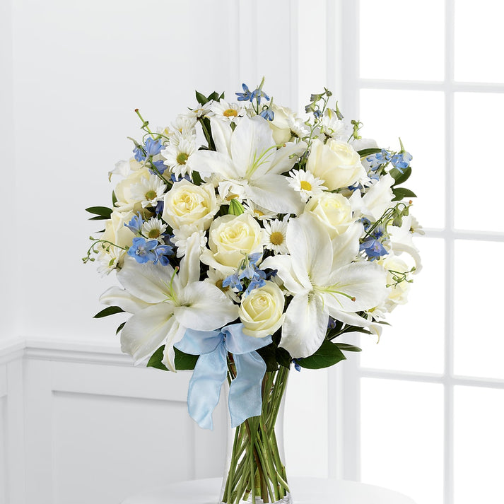 Sweet Peace Bouquet – light blue, white flower arrangement | Dothan, AL ...